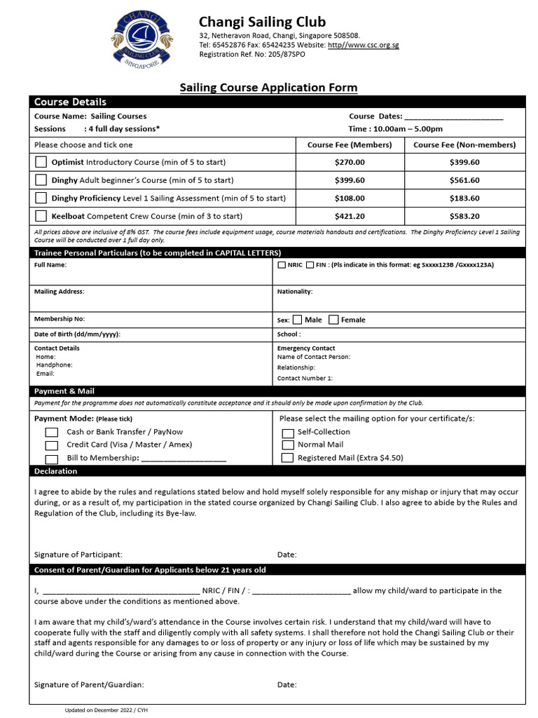 Changi Sailing Course Form | PDF | Receipt | Credit Card