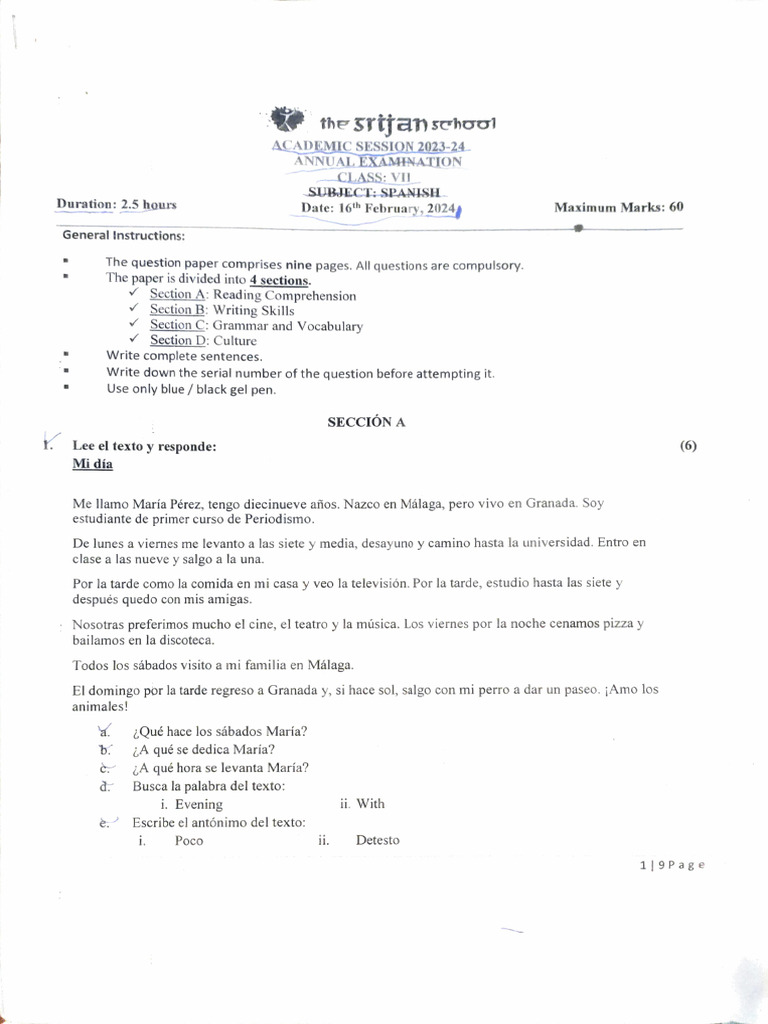 Class 7 Spanish Annual Exam 2023-2024 The Srijan School, Model Town ...