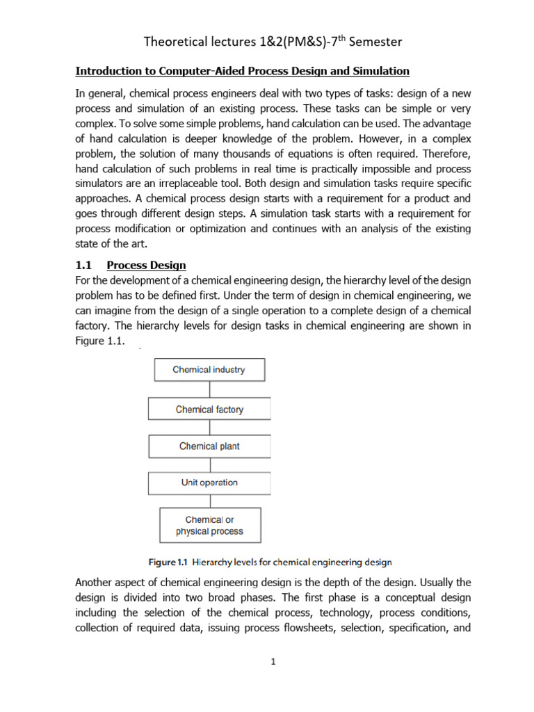 Theoretical Lectures 1&2 (PM&S) - 7 Semester: Introduction To Computer-Aided Process Design and ...
