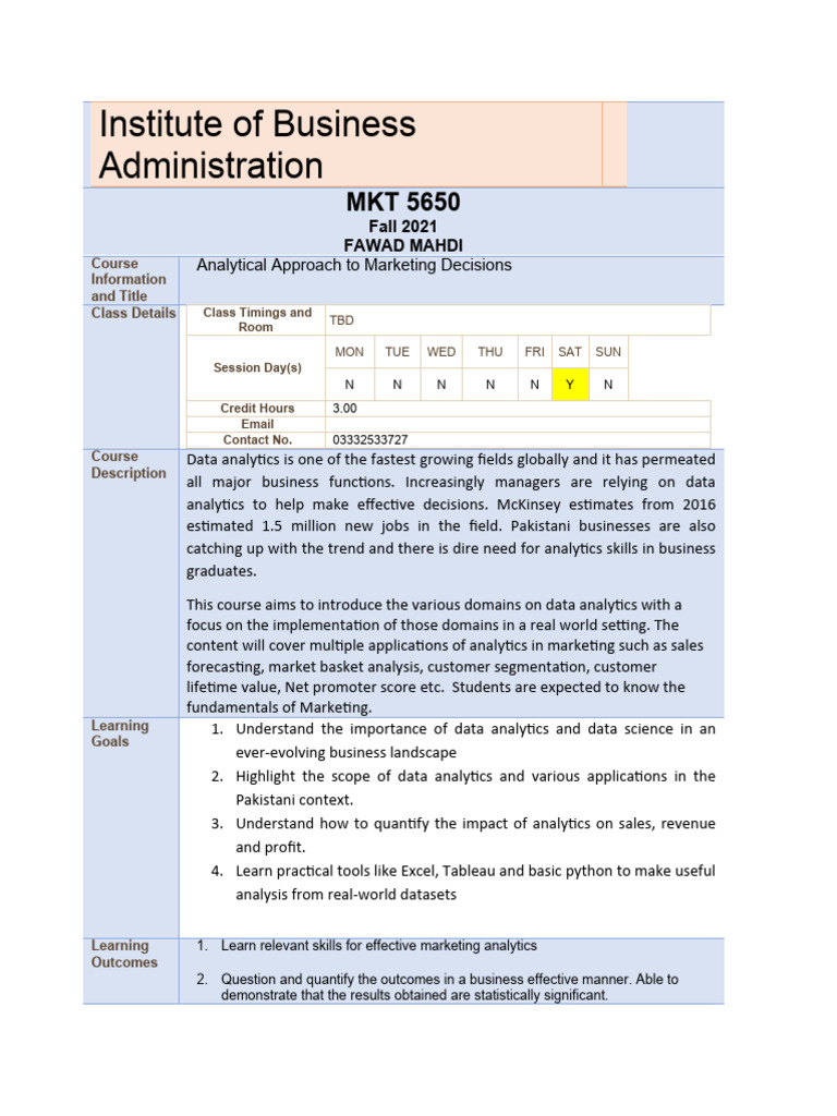 IBA SYLLABUS AAMD Fawad | PDF | Analytics | Statistics