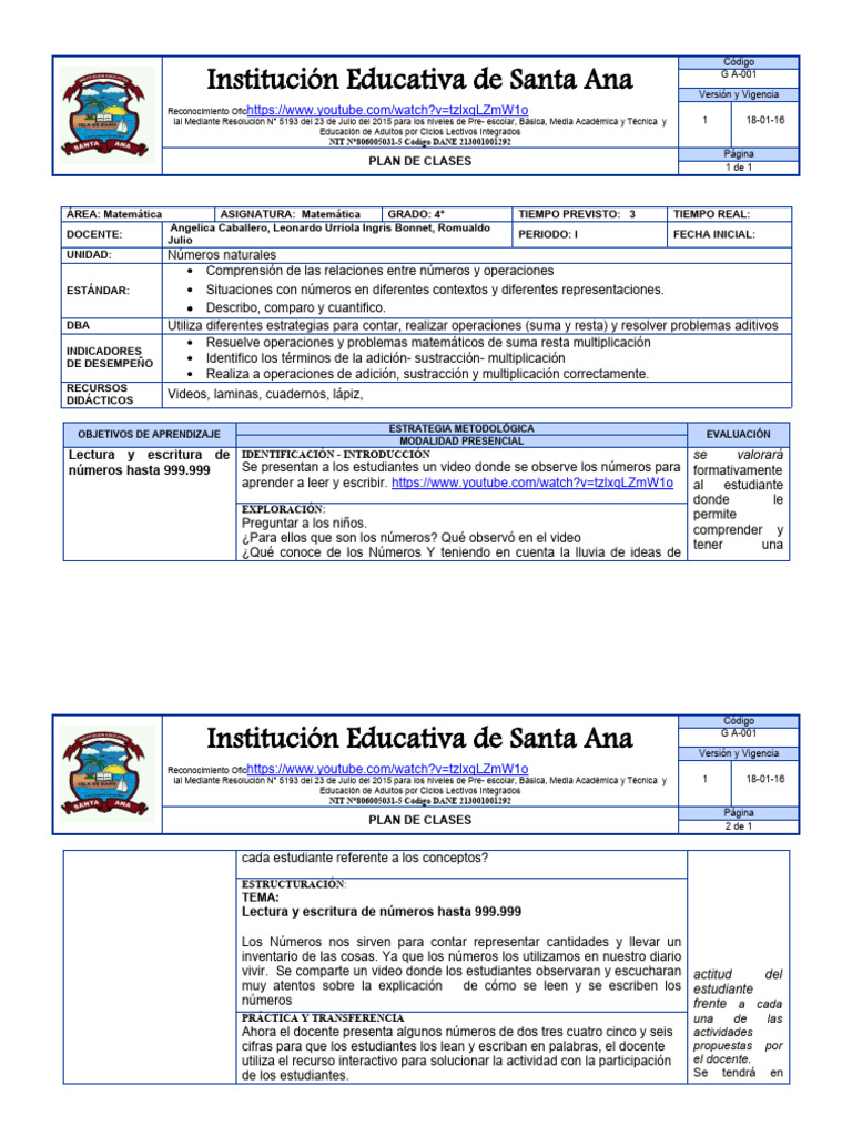 Plan de Clase de Matematica Hasta 5 Semana | PDF | Educación primaria | Aprendizaje