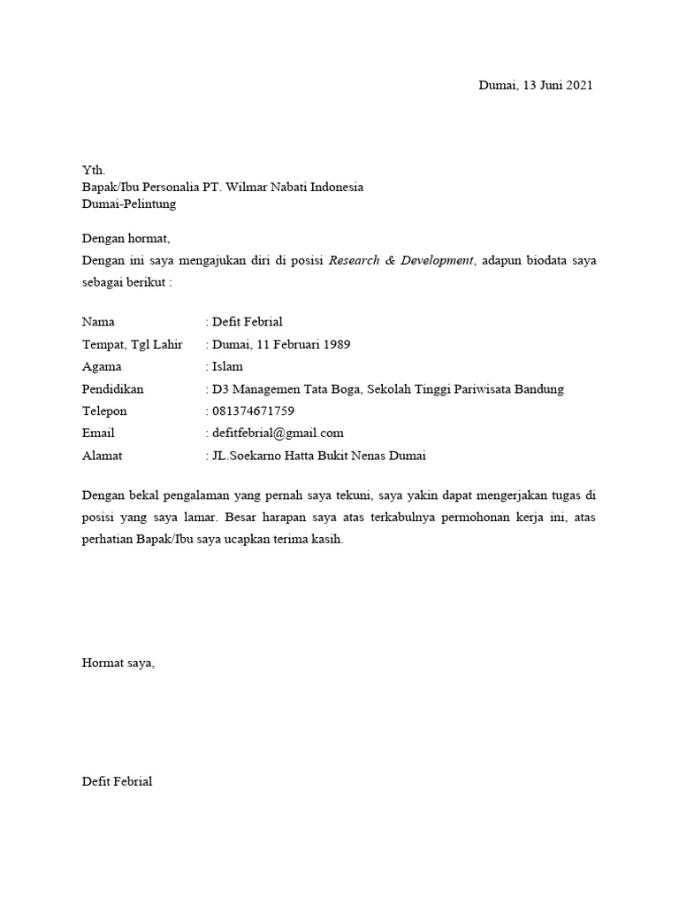 Lamaran Kerja Wilmar | PDF