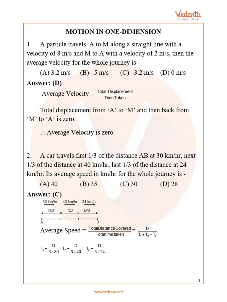 NEET 2023 Important Questions - Motion in One Dimension | PDF | Velocity | Speed