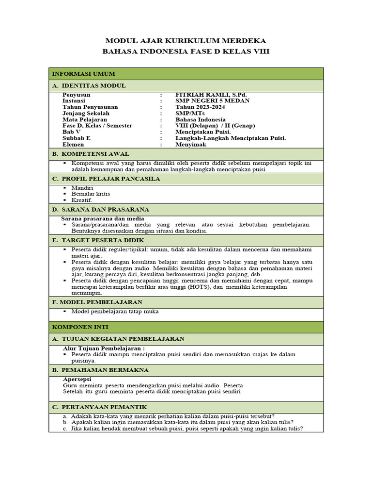 Modul Ajar Kurikulum Merdeka Bahasa Indonesia Fase D Kelas Viii Pdf