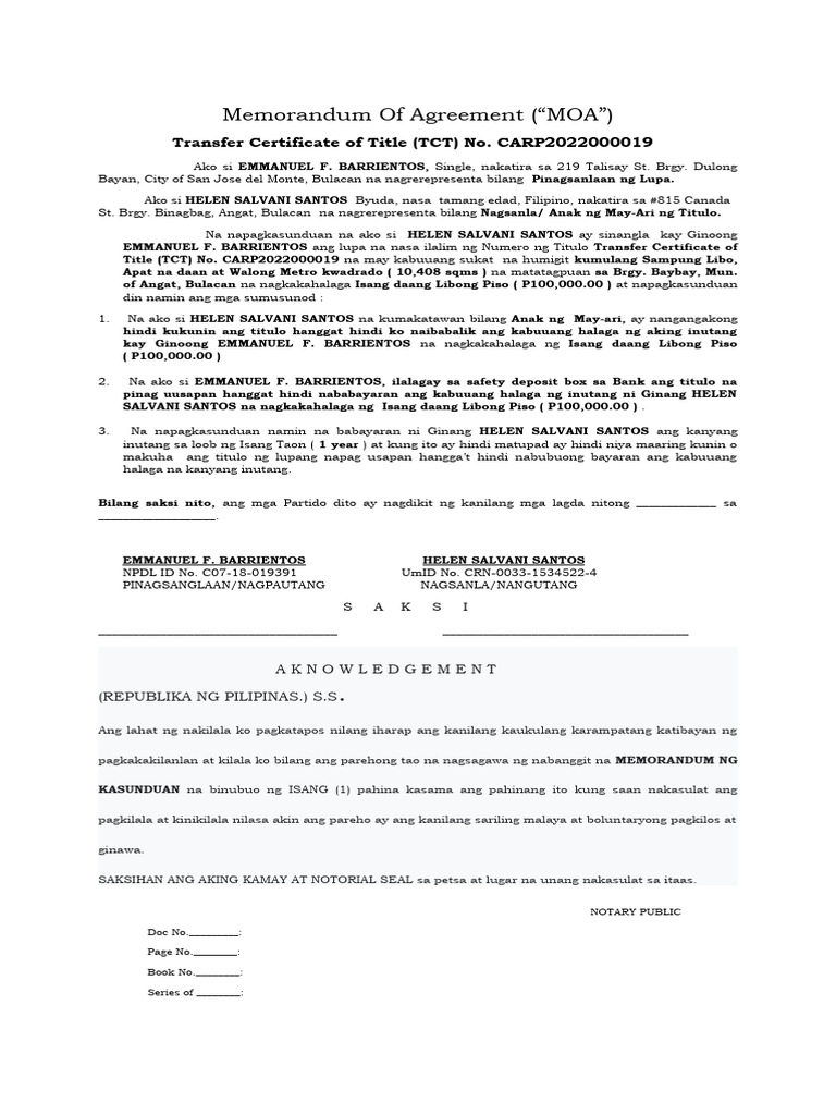 3.Memorandum of Agreement Mayora Helen Santos | PDF
