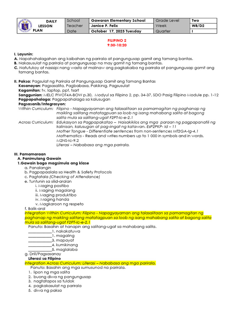 Cot Fil DLP Q1 W8 D2 Oct 17 2023 | PDF
