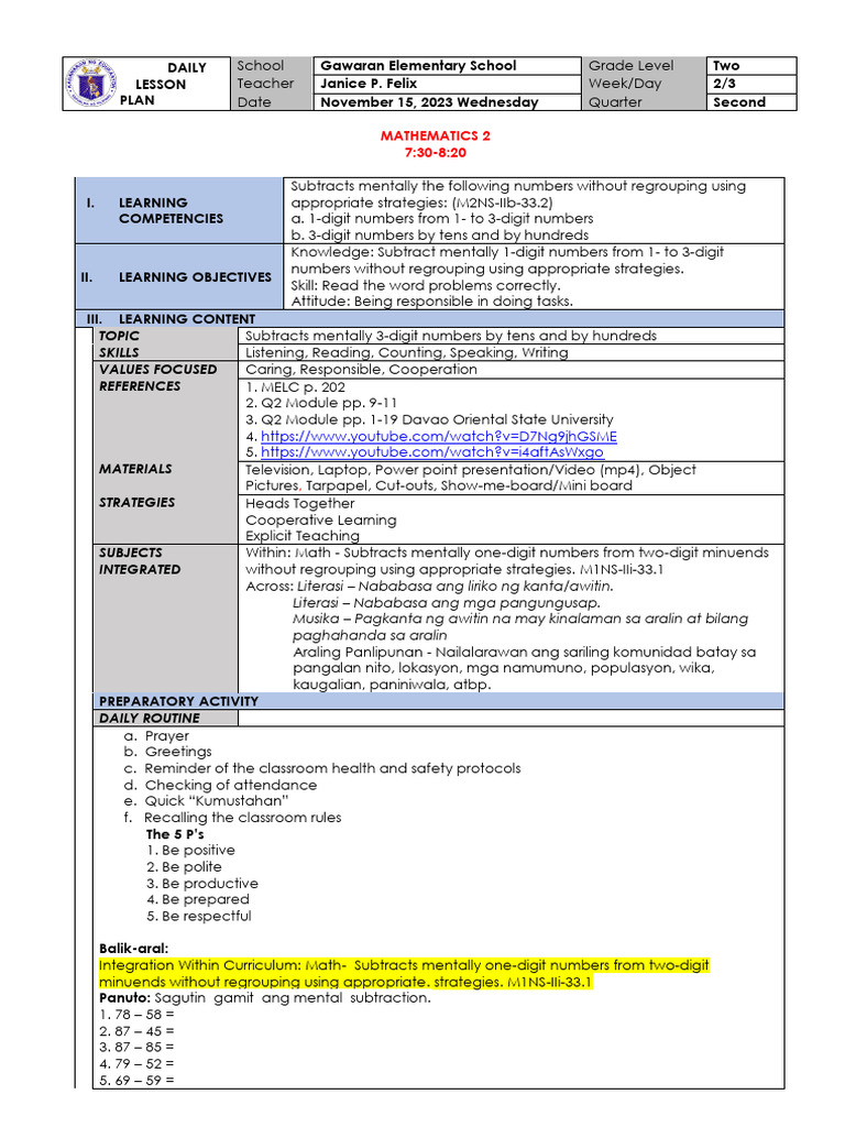 Cot Math DLP 2Q W2 D3 Nov 15 2023 | PDF | Subtraction | Learning