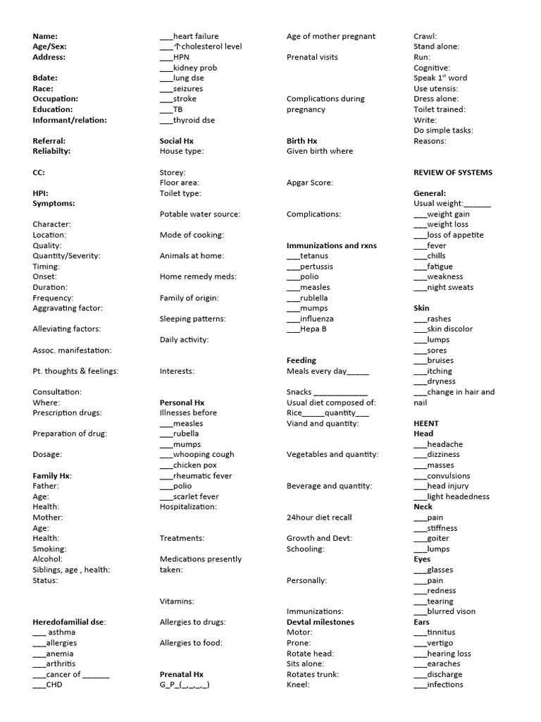 HX Taking, ROS, PE Guide and Checklist | PDF