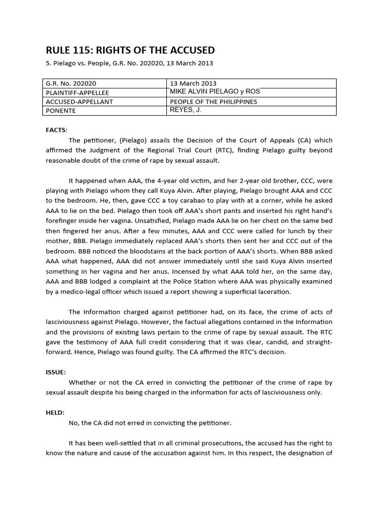 Rule 115: Rights of The Accused: Facts | PDF | Plea | Burden Of Proof (Law)
