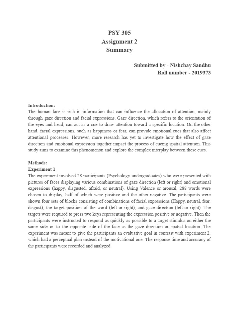 PSY305 A2 Nishchay 2019373 | PDF | Facial Expression | Attention
