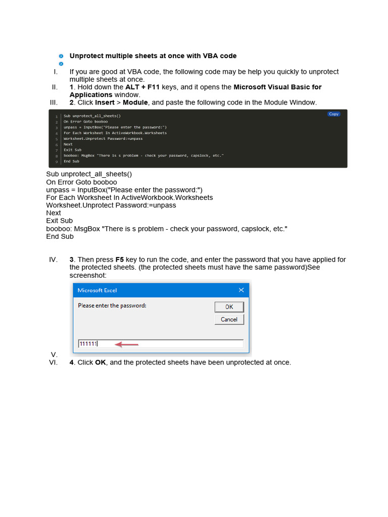 Unprotect Multiple Sheets at Once With VBA Code | PDF