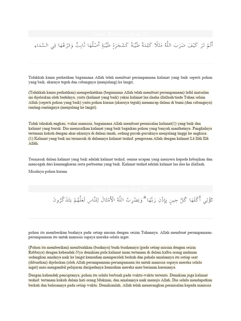 Surat Ibrahim Ayat 24 Tafsir Jalalain Dan Al Misbah | PDF