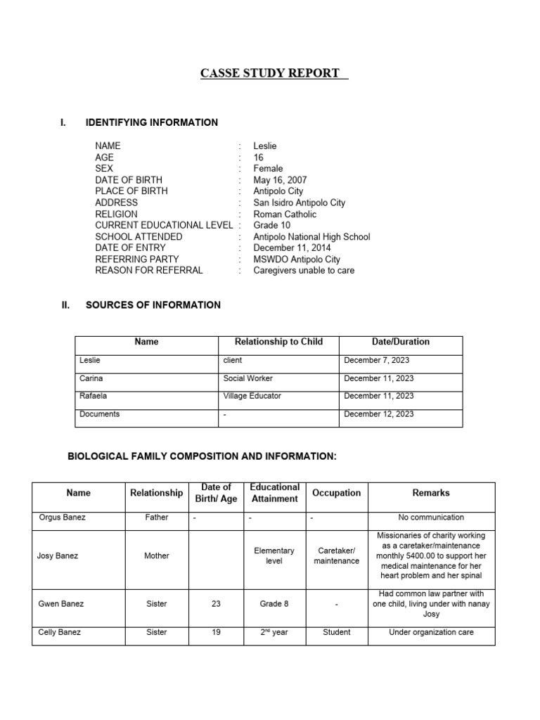 Casse Study Report: I. Identifying Information | PDF | Caregiver | Sibling