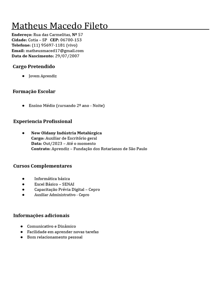 Currículo de Matheus Macedo - Jovem Aprendiz | PDF