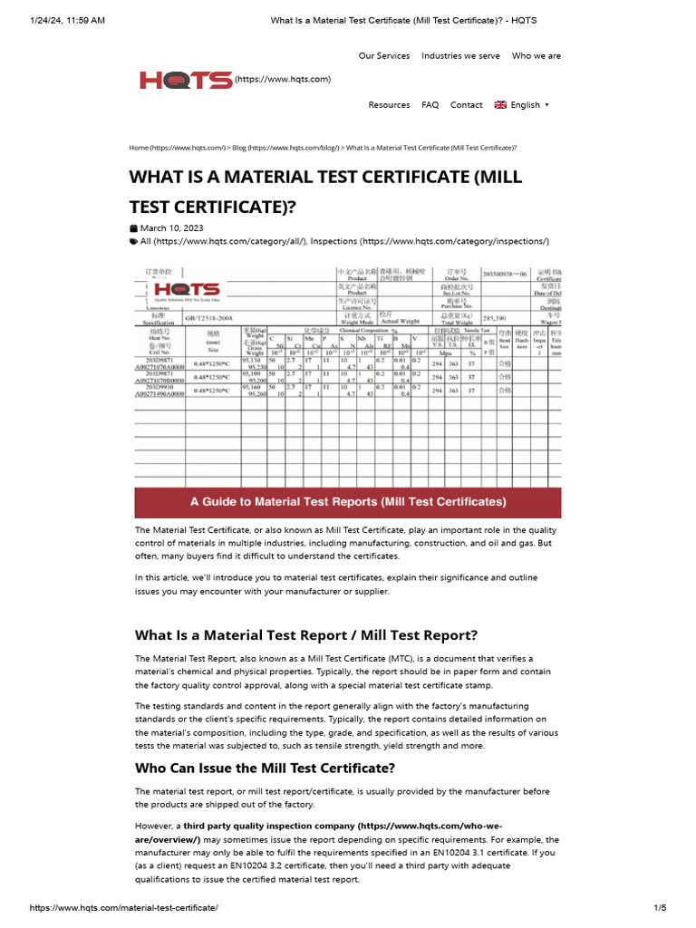 What Is A Material Test Certificate (Mill Test Certificate) - HQTS ...