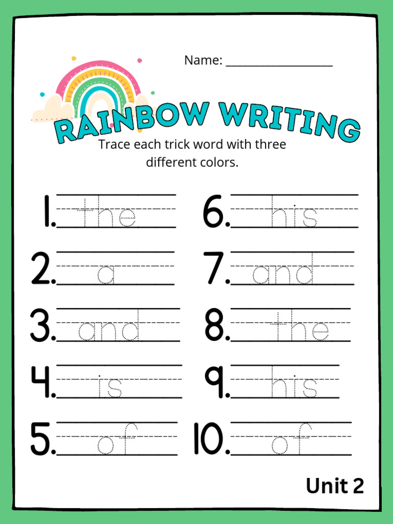 Bright Rainbow Writing Spelling Worksheet | PDF