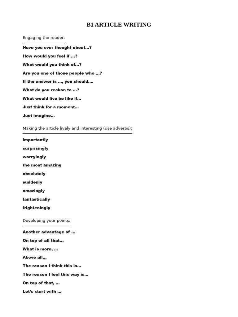 B1 Article Writing Phrases | PDF | Self-Improvement