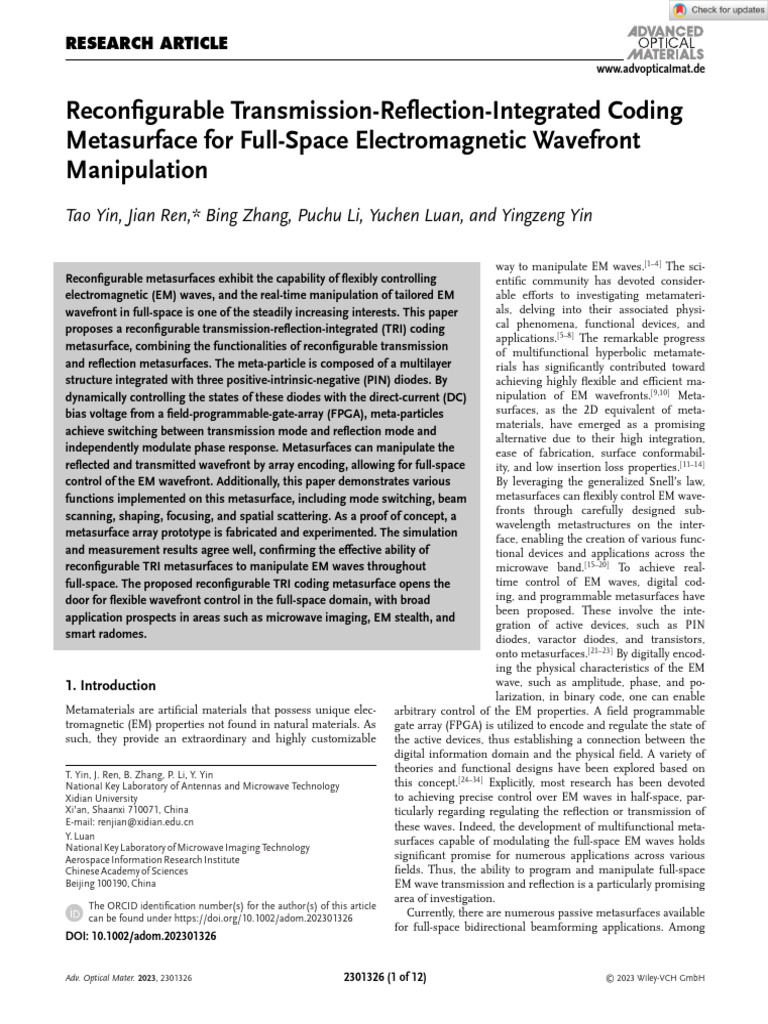 Yin Et Al - 2023 - Reconfigurable Transmission Reflection Integrated Coding Metasurface For ...