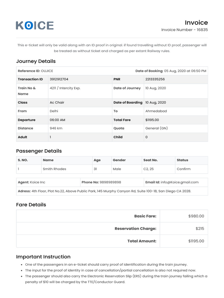 Train Booking Invoice - Koice | PDF | Land Transport | Rail Transport