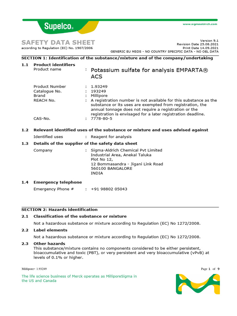 Safety Data Sheet: Potassium Sulfate For Analysis EMPARTA® ACS | PDF ...