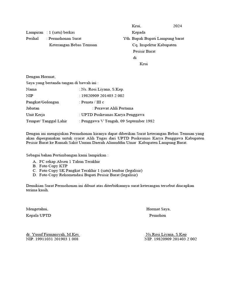 SURAT Permohonan Bebas Temuan Inspektorat | PDF