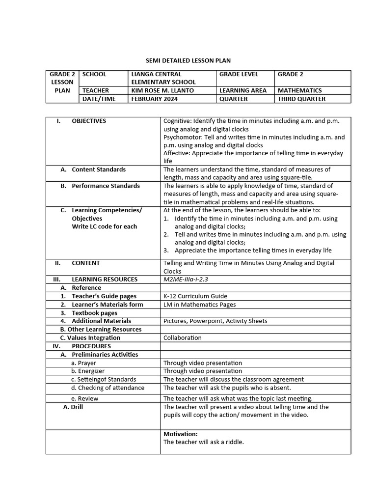 Mathematics 2 - Semi Detailed Lesson Plan | PDF | Hour | Clock
