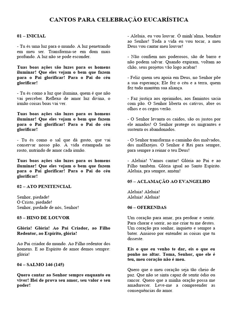 Cantos Para Celebração Eucarística 08 02 19 Pdf Amor Eucaristia