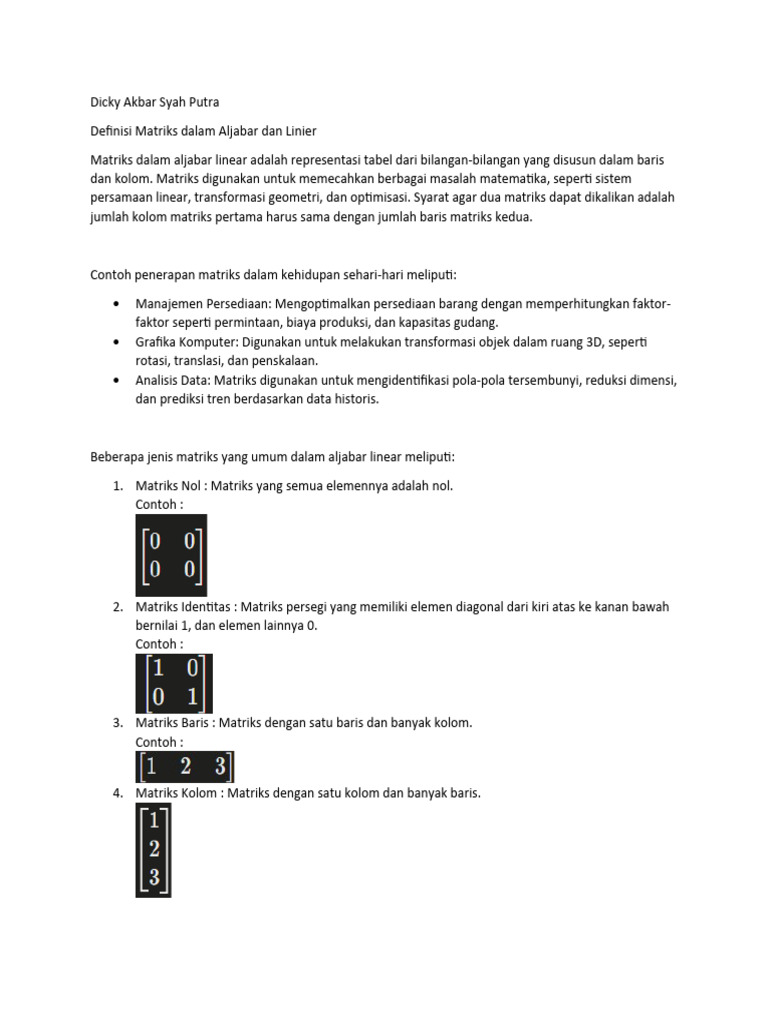 Definisi Matriks Dalam Aljabar Dan Linier | PDF | Metode & Bahan Ajar