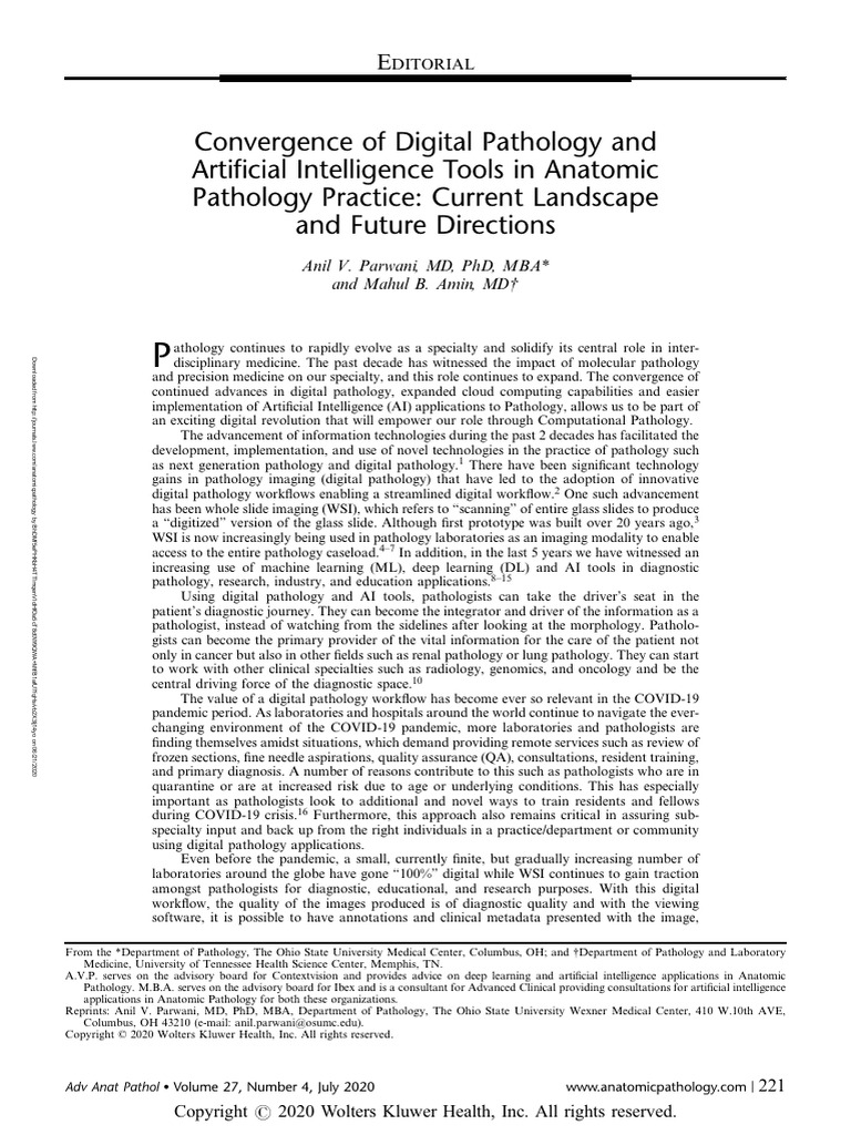 Convergence of Digital Pathology and Artificial Intelligence Tools in ...