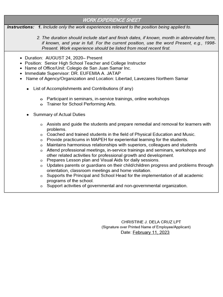Teacher Work Experience Sheet | PDF
