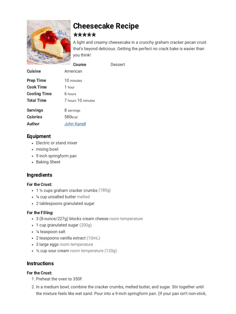 Cheesecake Recipe - Preppy Kitchen | PDF | Fat | Cheesecake