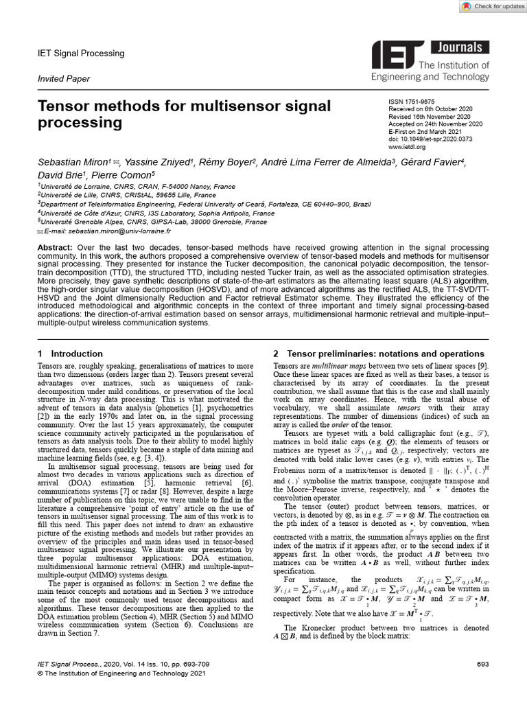 IET Signal Processing - 2021 - Miron - Tensor Methods For Multisensor Signal Processing | PDF ...