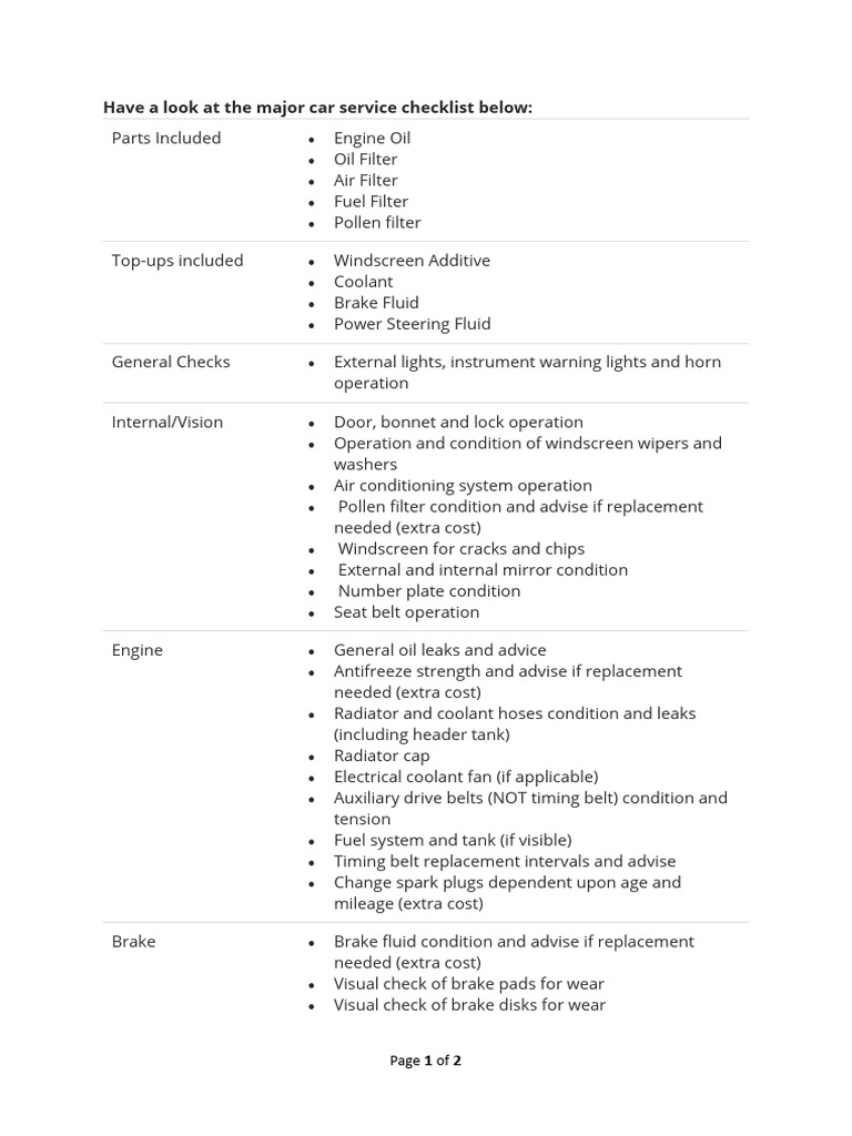 Major Car Service Checklist | Download Free PDF | Brake | Tire