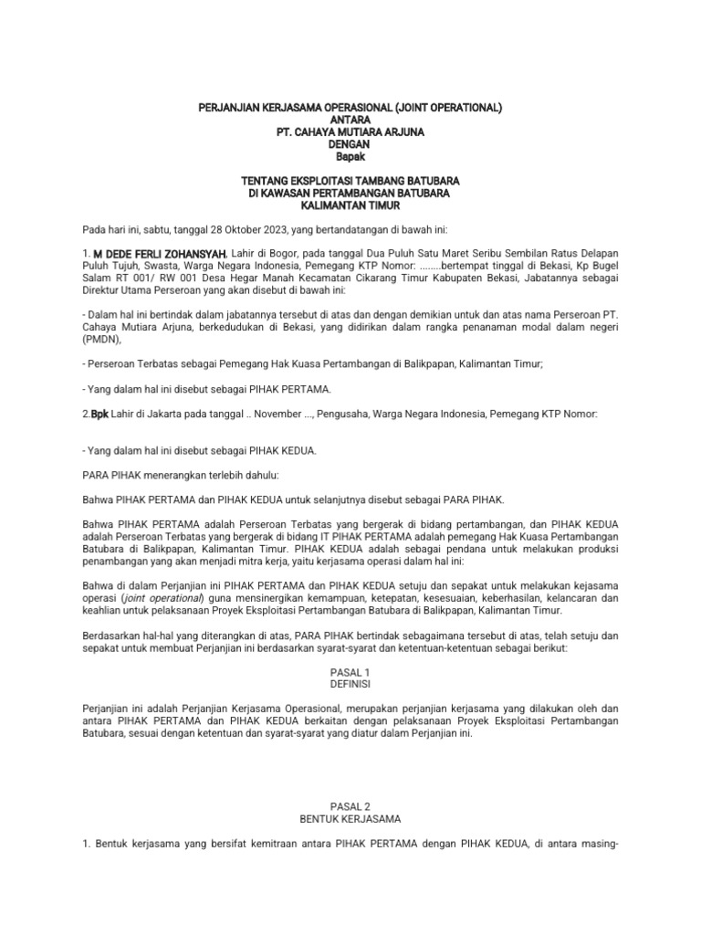 Cma-Perjanjian Kerjasama Operasional | PDF