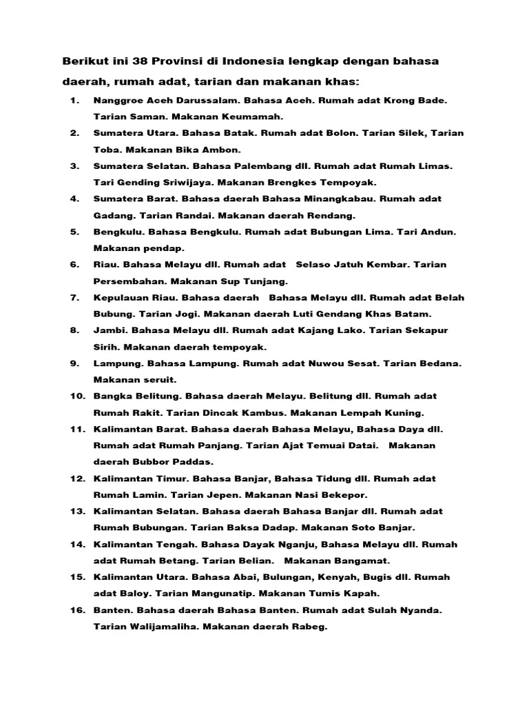 Berikut Ini 38 Provinsi Di Indonesia Lengkap Dengan Bahasa Daerah | PDF