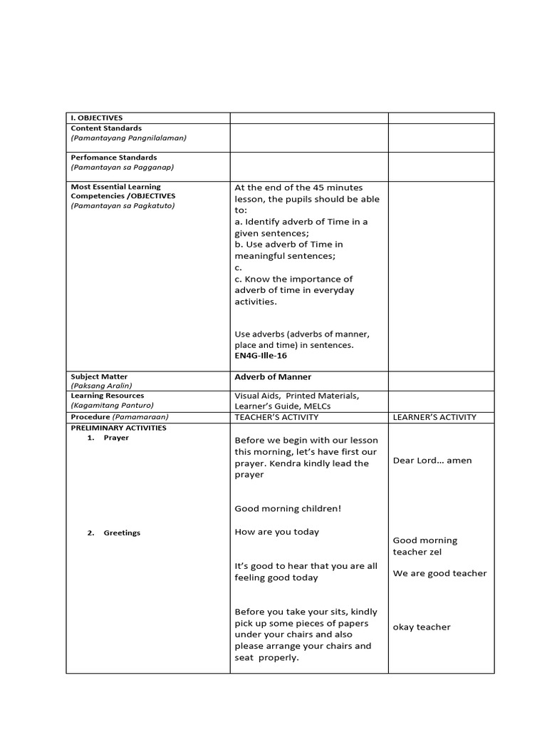 Adverb of Time Lesson Plan | PDF | Adverb | Learning