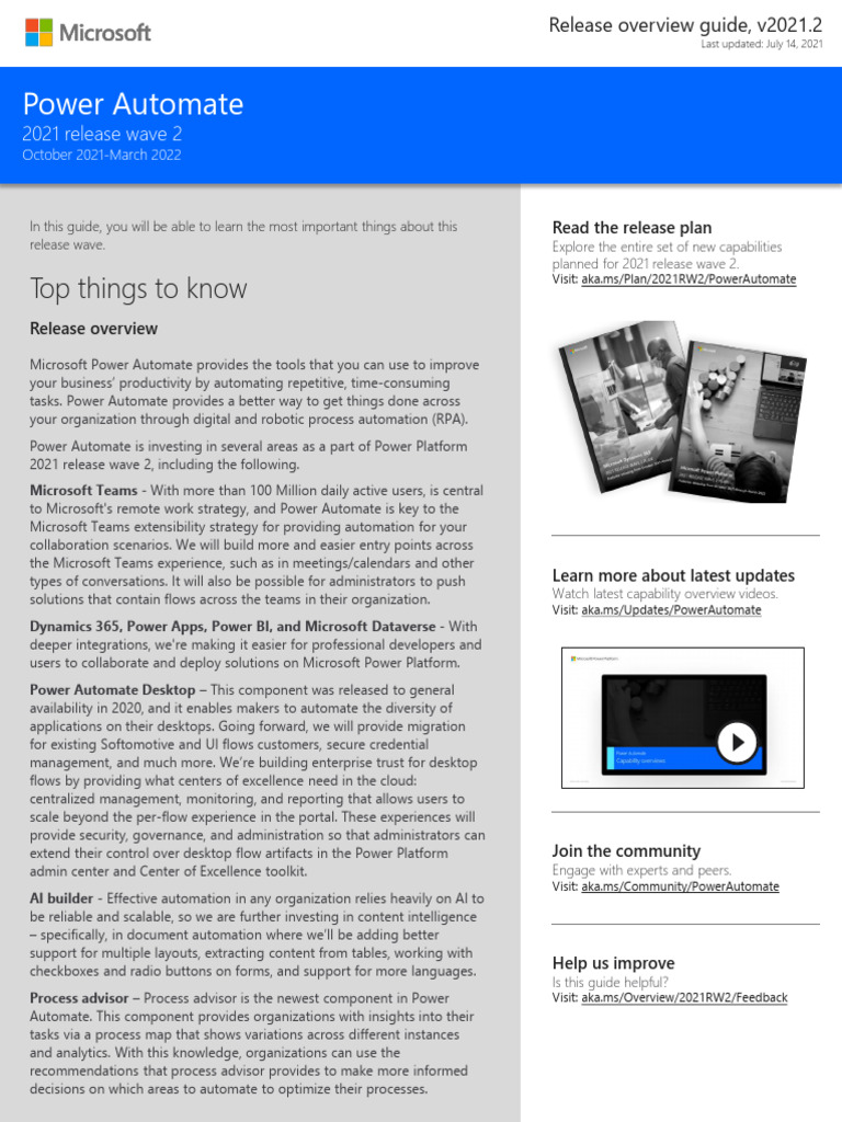 2021RW2 - Power Automate - Overview Guide | PDF | Automation | Cloud ...