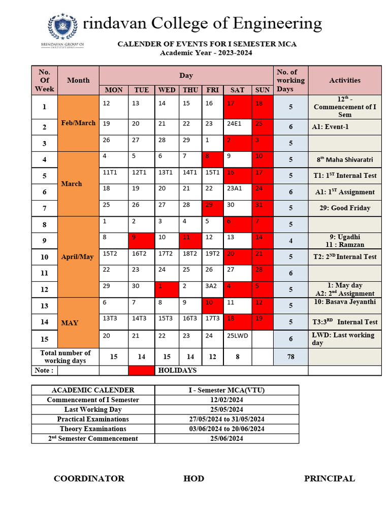 MCA Semester Calendar 2023-2024 | PDF | Academic Term | Public Services