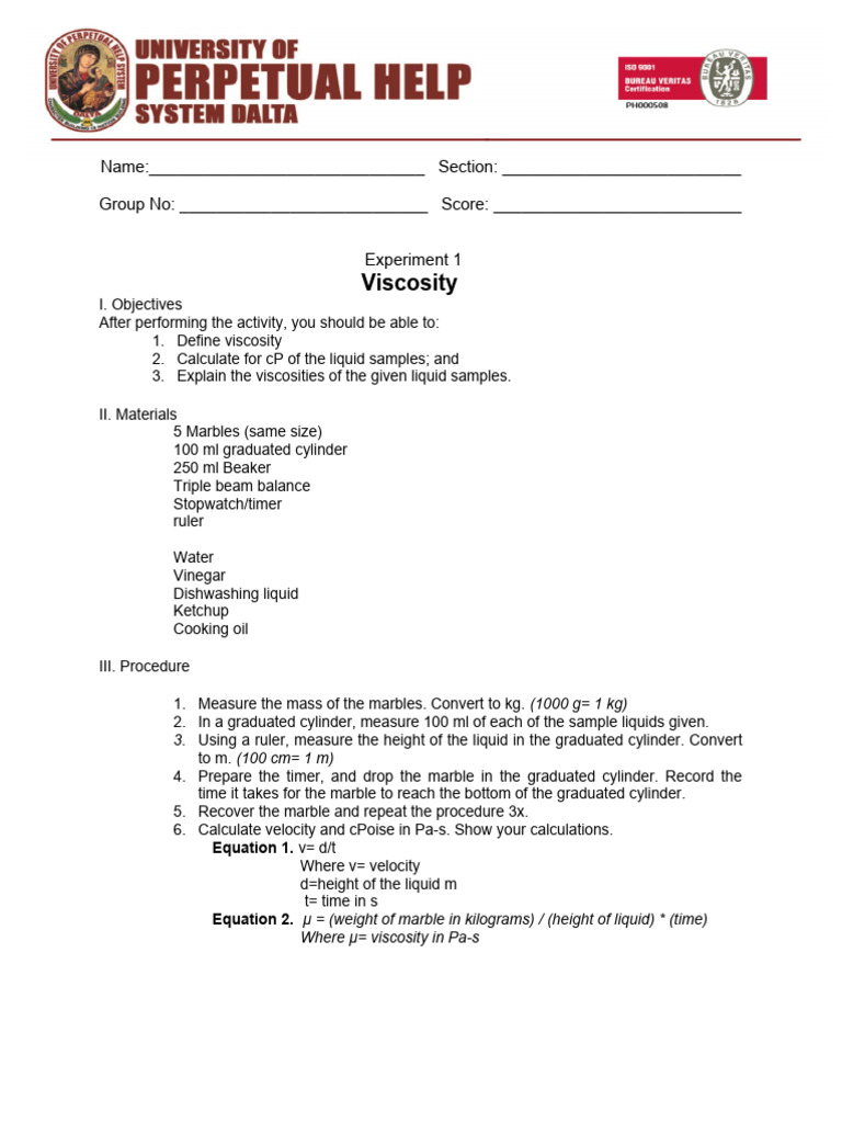 GC2 Experiment No.1 Viscosity | PDF | Viscosity | Liquids