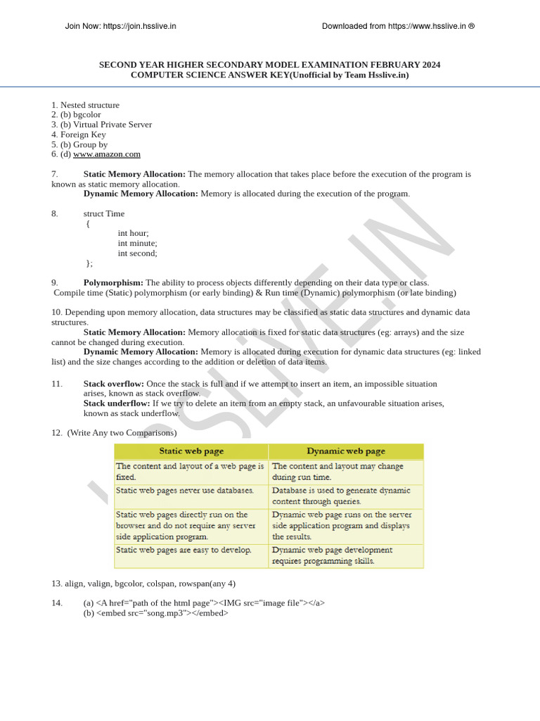 Hsslive Xii Cs Key Model 2024. | PDF | Boolean Data Type | World Wide Web