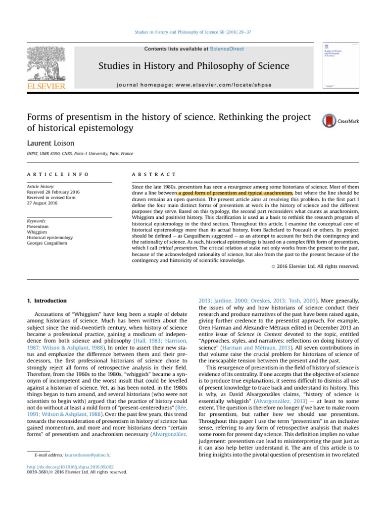 Loison 2016 Forms Of Presentism In The History Of Science Pdf