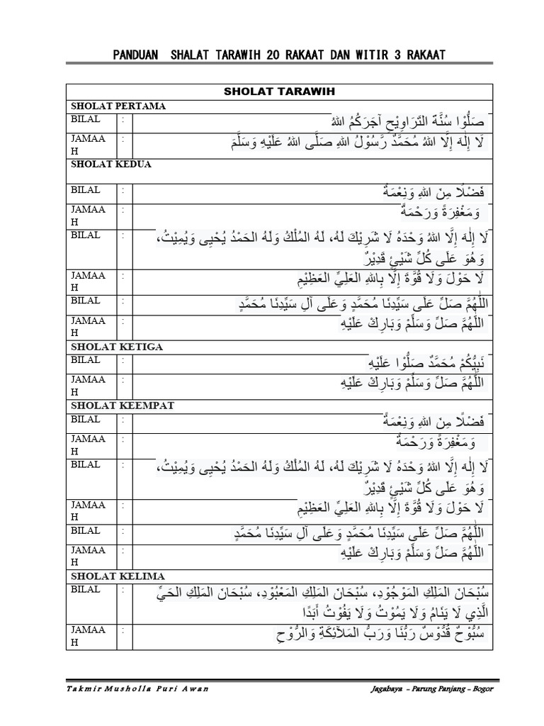 Panduan Bilal Sholat Tarawih 20 Rakaat | PDF