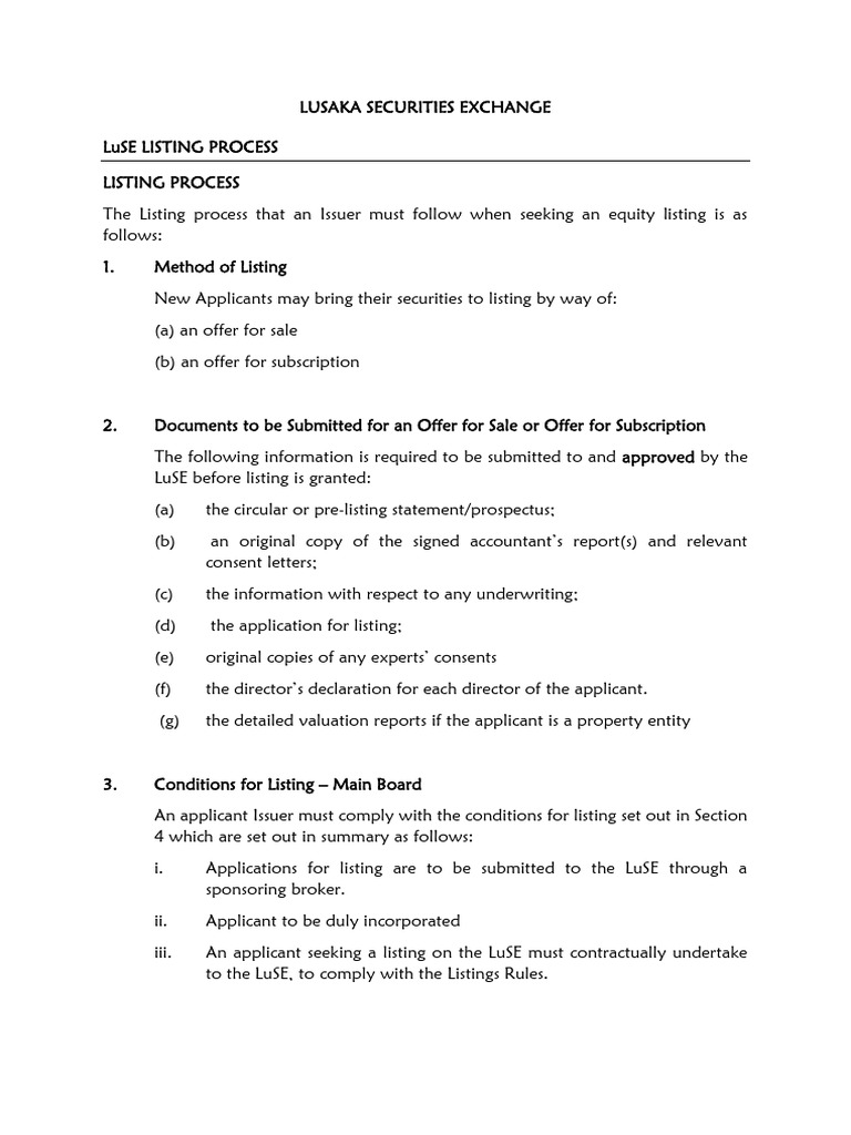 Listing Process LuSE Main Market 1 | PDF | Securities (Finance ...