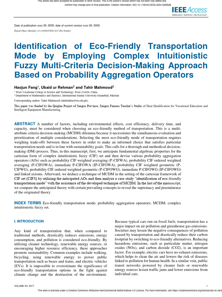 Identification of Eco Friendly Transportation Mode by Employing Complex Intuitionistic Fuzzy ...