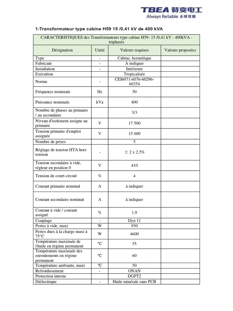 H59 Fiche Technique-6 Types (A Remplir) | PDF | Transformateur électrique | Circuit imprimé