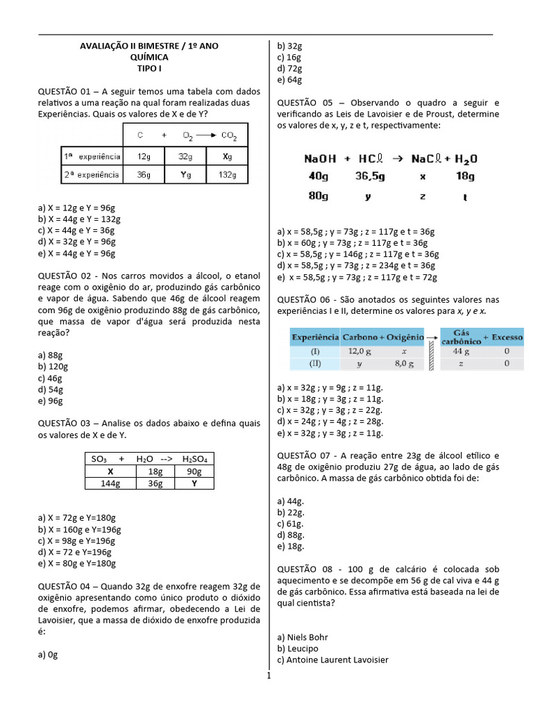 Avaliação 1º Ano Química Ii Bimestre Pdf Enxofre Oxigênio