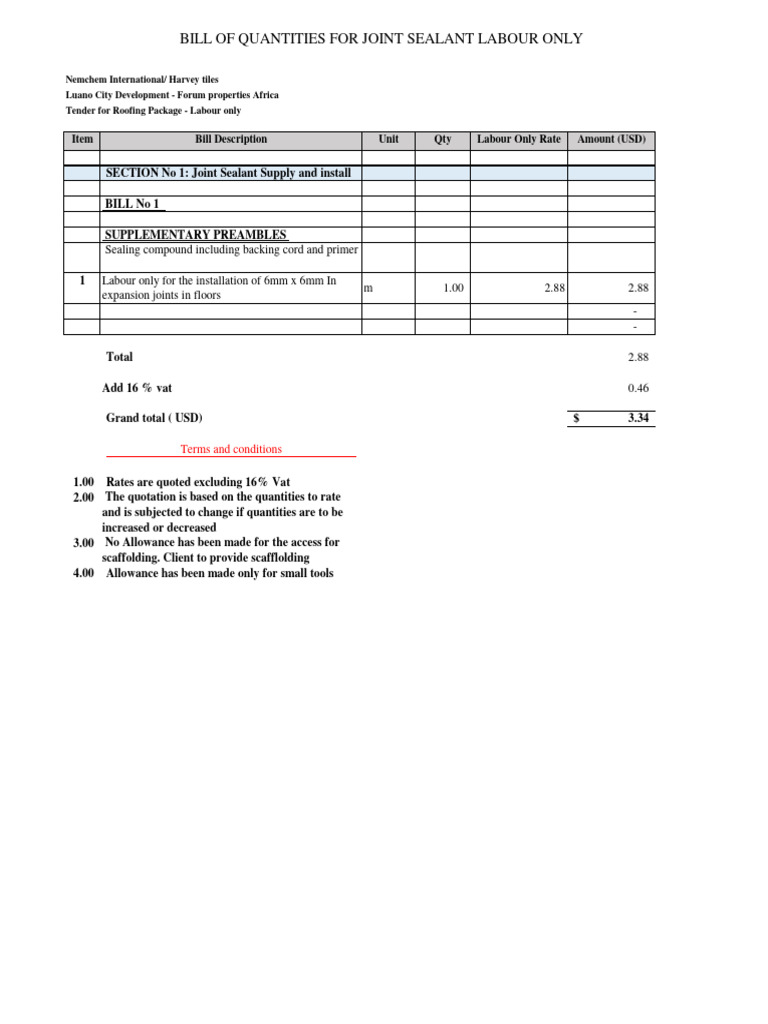 Bill of Quantities - Joint Sealant Labour Only | PDF