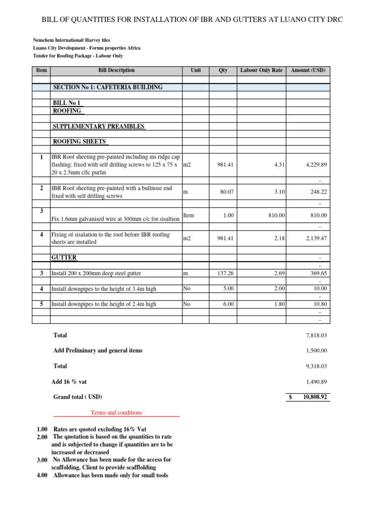 Bill of Quantities - Cafeteria IBR Roofing Sheets Rev 1 | PDF ...