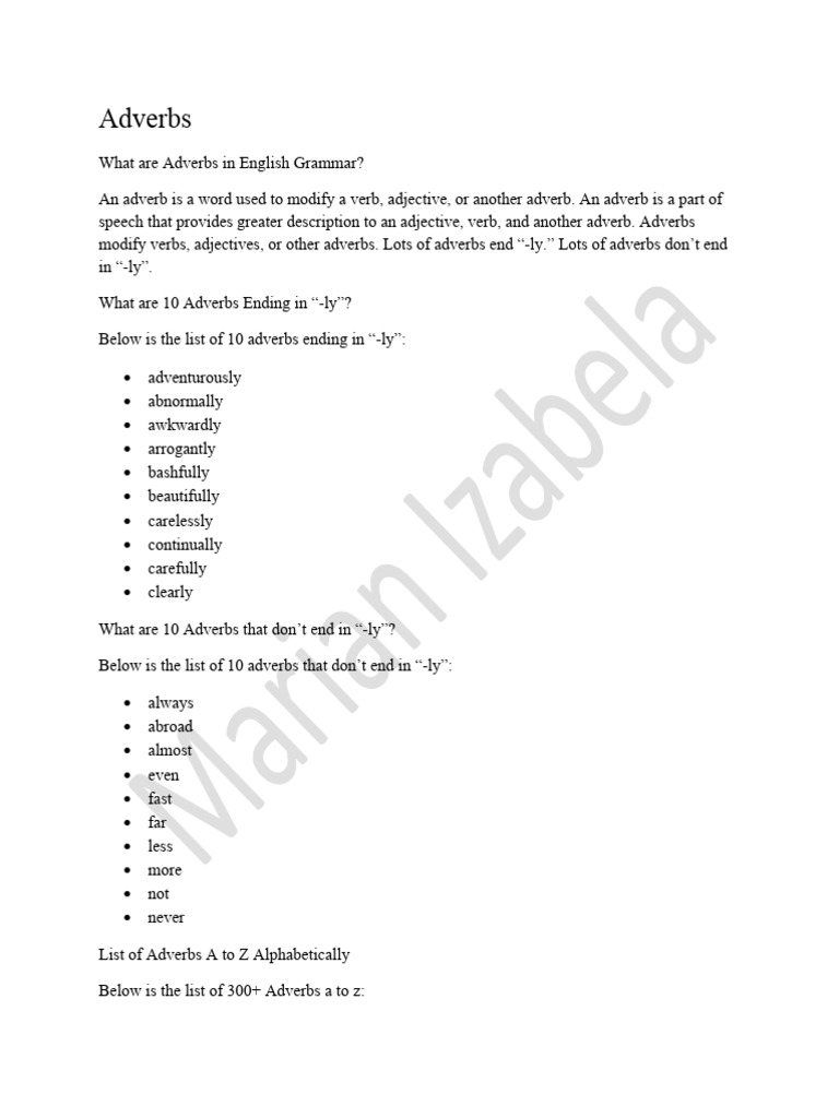 Adverbs A To Z | PDF | Adverb | English Grammar