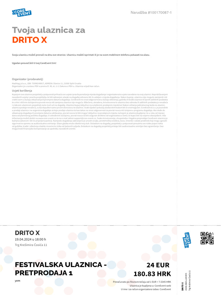 CoreEvent Ulaznica 1 #100170087 | PDF